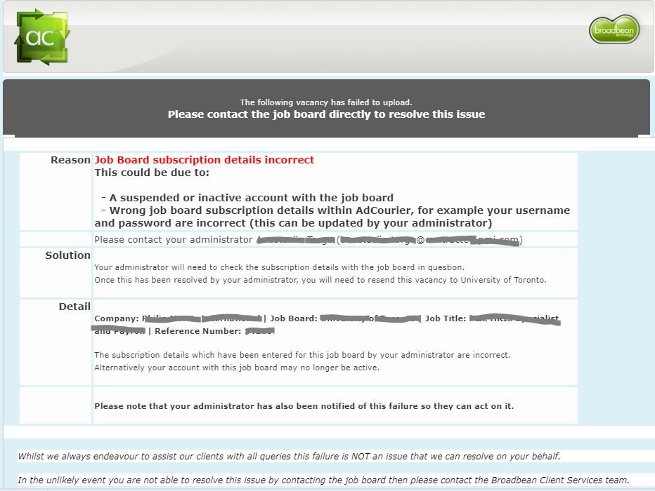 Job board subscription details incorrect