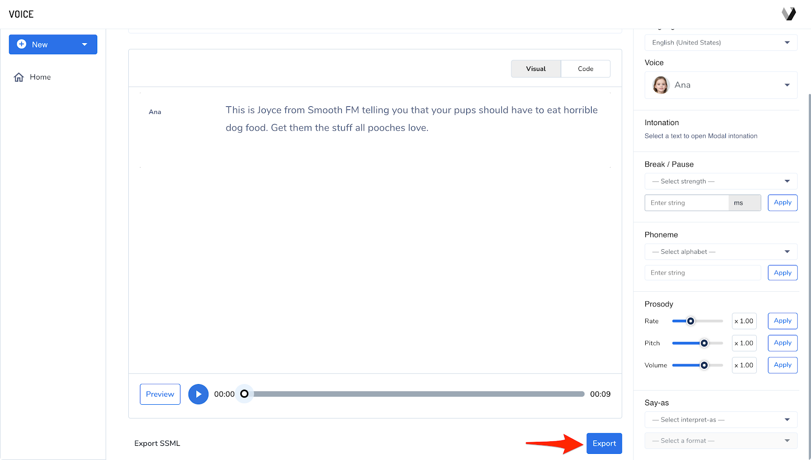 Create a text-to-speech (TTS) clip