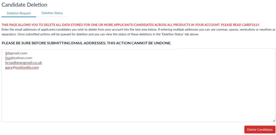 How can I delete a candidate from my account?