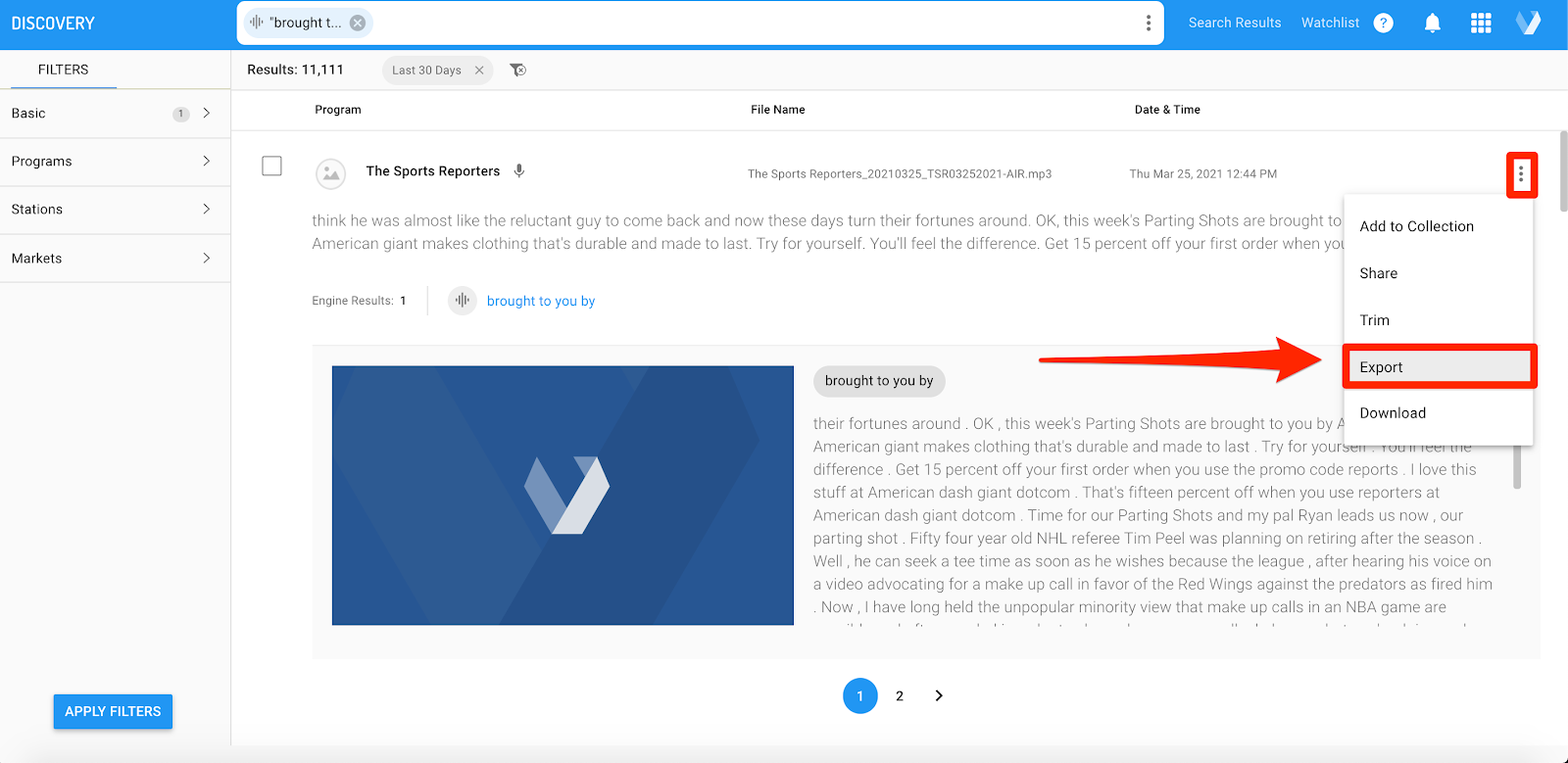 How to Export Transcripts from Search Results