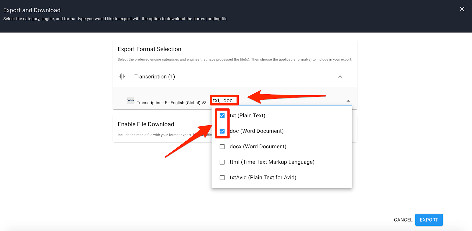 How to Export Transcripts from Search Results